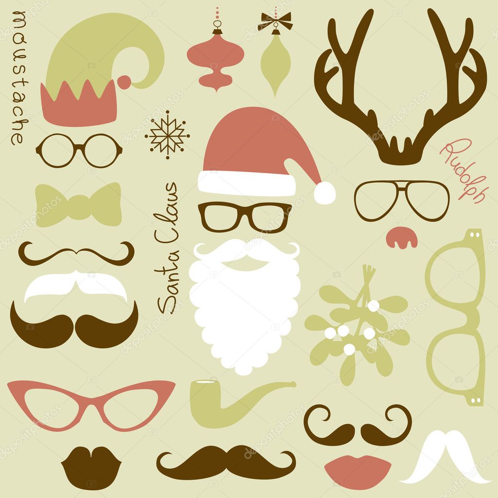 Retro Party set - Santa Claus beard, hats, deer antlers, bow, glasses ...
