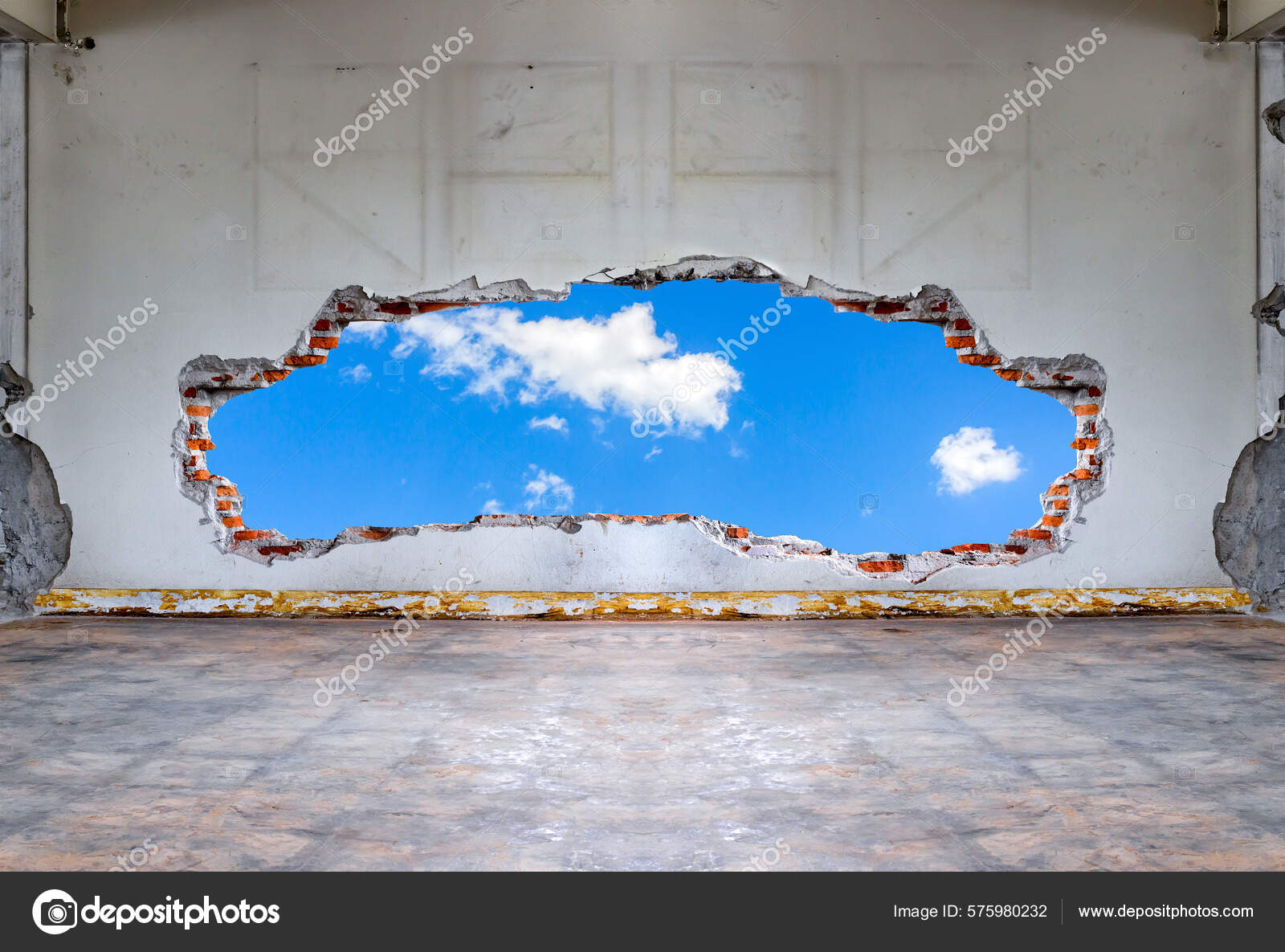 Interior Abandoned Ruined House Broken Wall Blue Sky Background Old ...