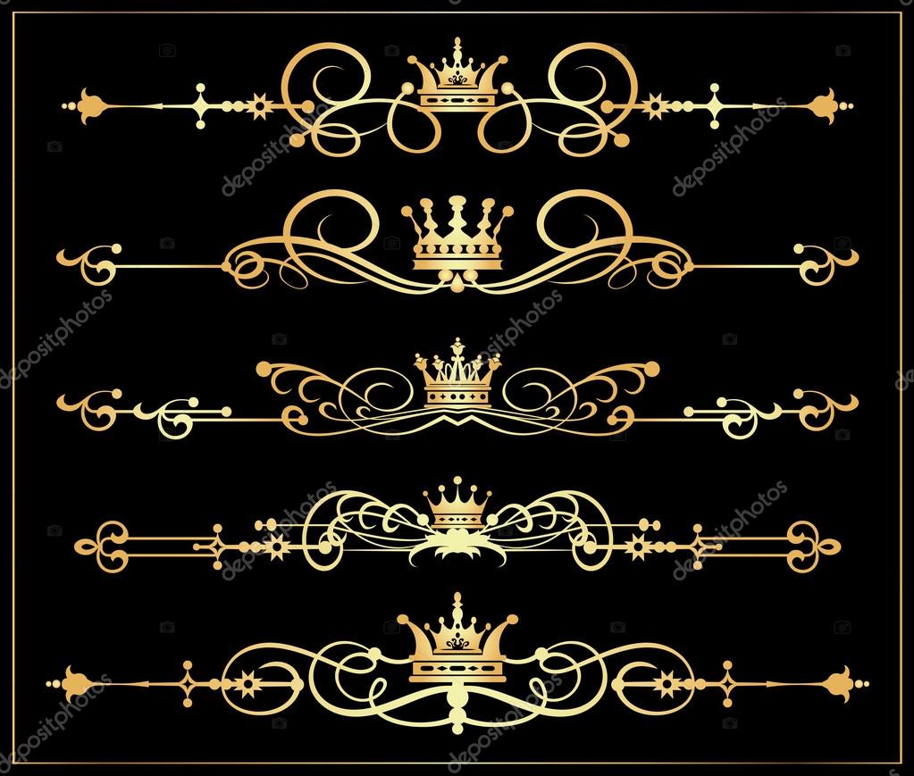 Vector set. Victorian Scrolls and crown. Gold decorative elements ...