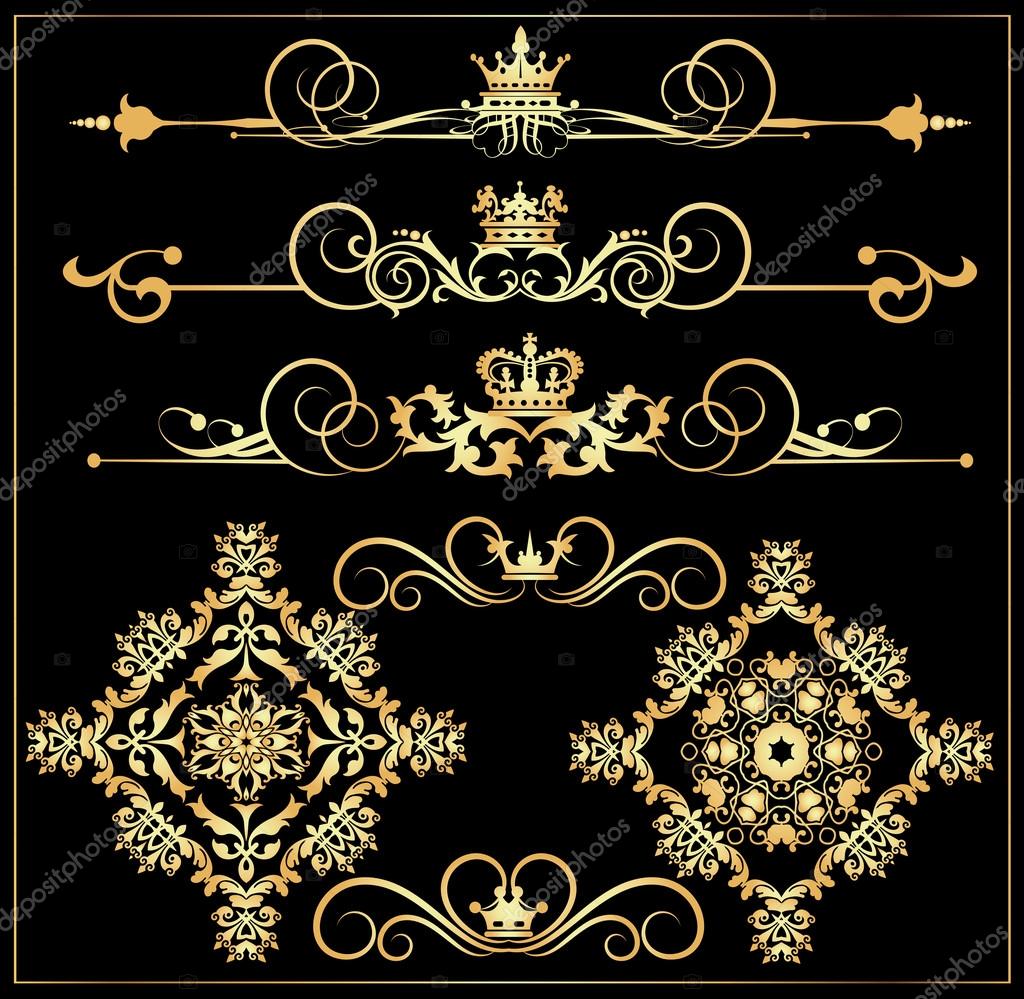 Vector set. Victorian Scrolls and crown. Gold decorative elements ...