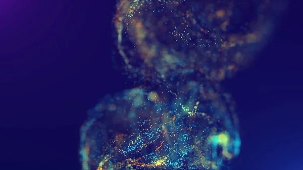 3D rendering of a multicolored, vibrant, abstract cloud of particles in space. Glowing fluid ...