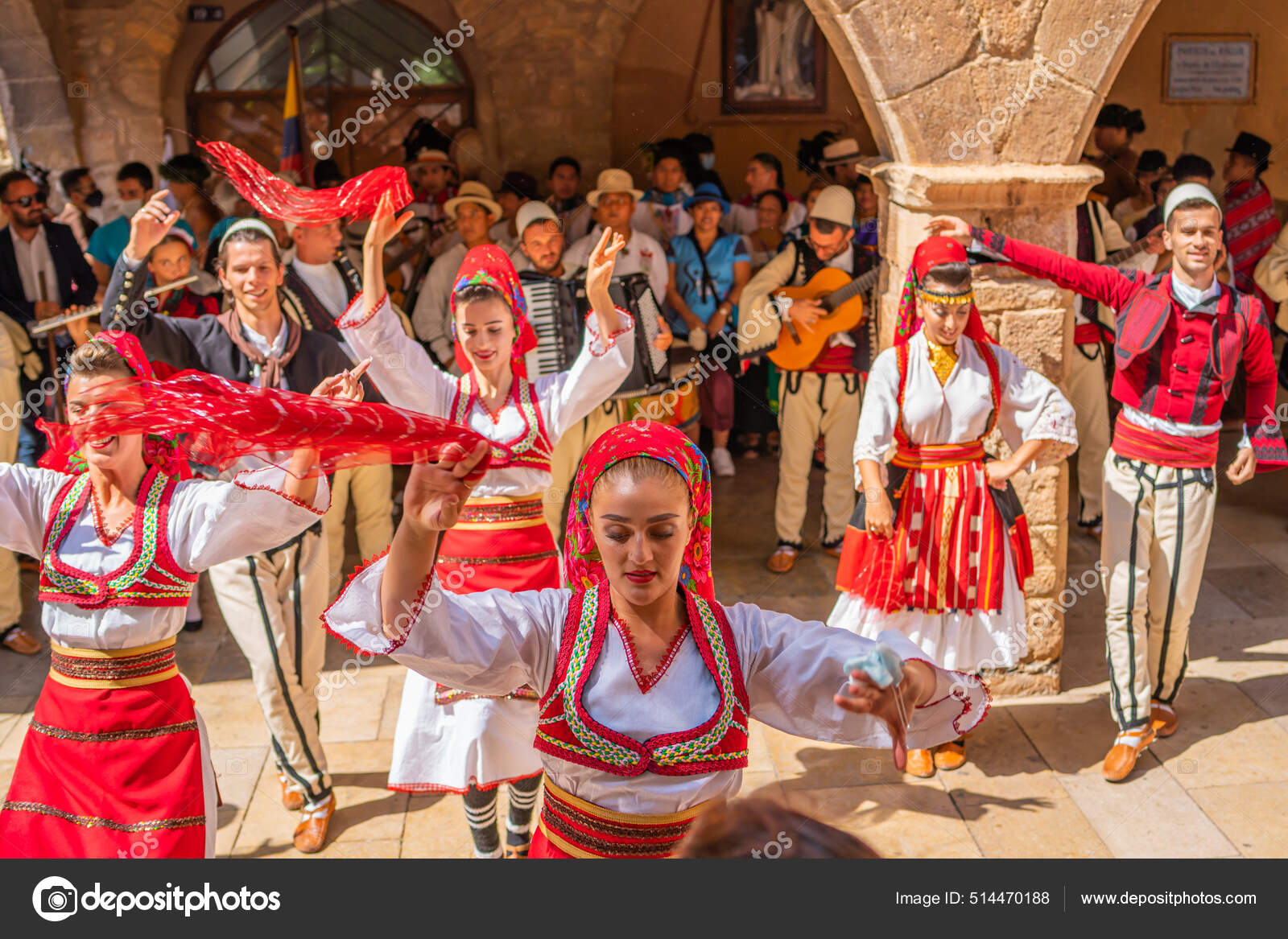 Folk dance from Macedonia in a street folk festival in Montblanc ...