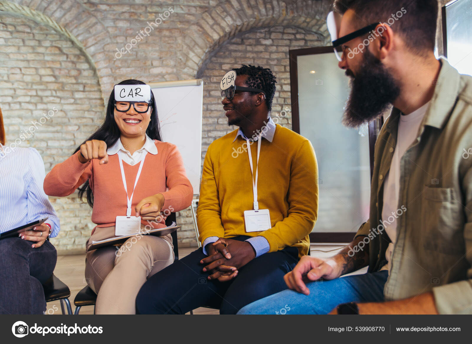 Team Building Happy Colleagues Playing Who Game Having Great Pastime ...