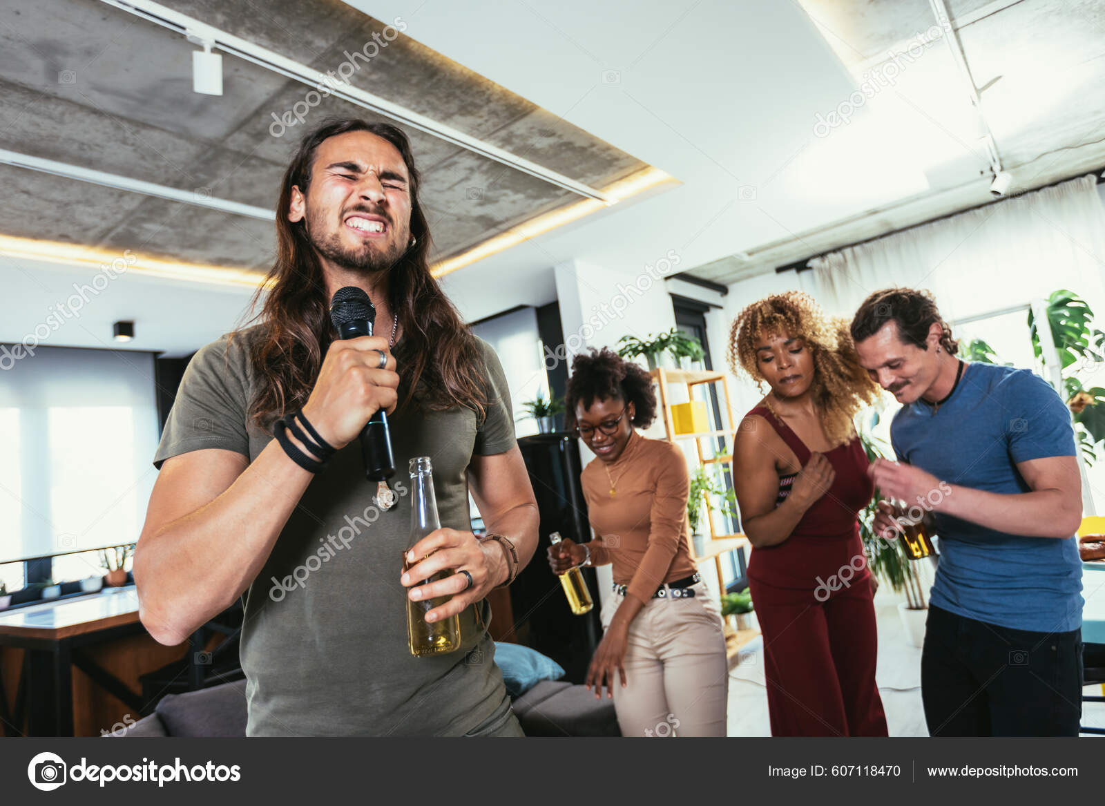 Group Young Multicultural Friends Having Party Singing Song Using ...