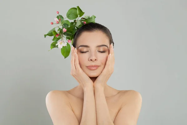 Spring woman with flowers on her head, spring beauty portrait - Stock ...