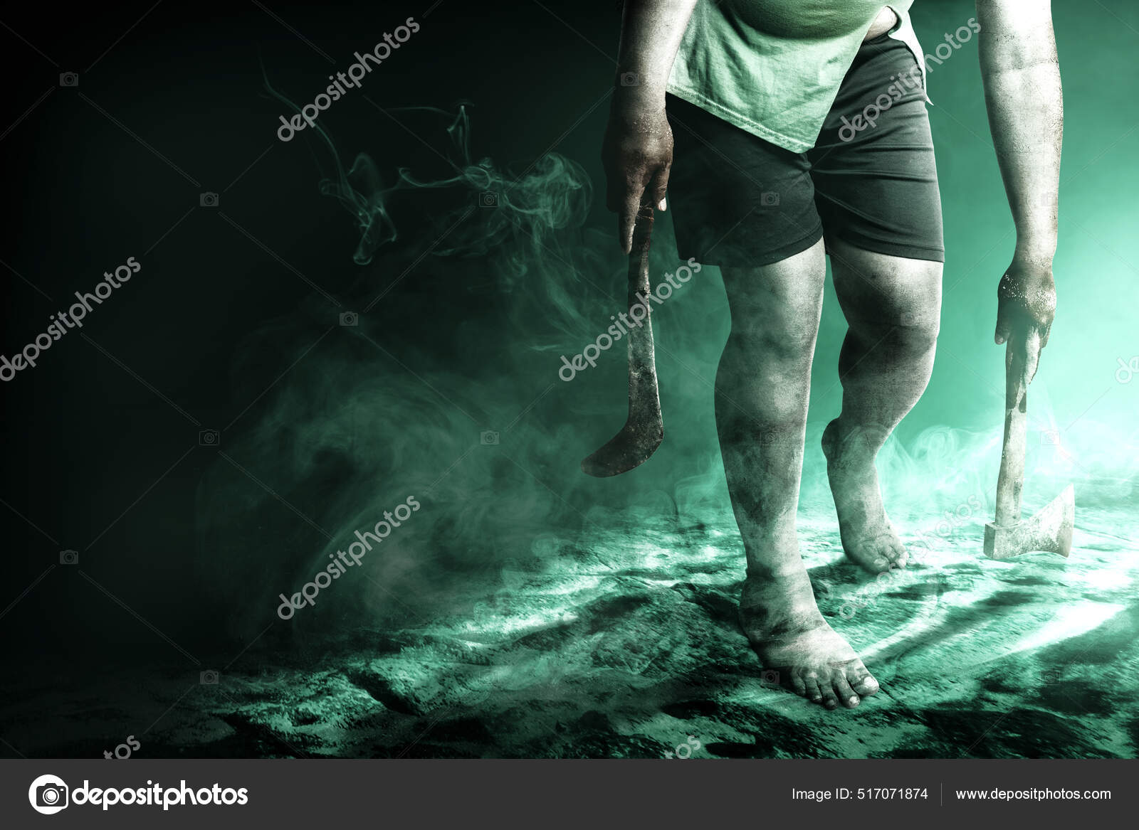 Scary Zombie Blood Wound His Body Holding Sickle Walking Dark — Stock ...