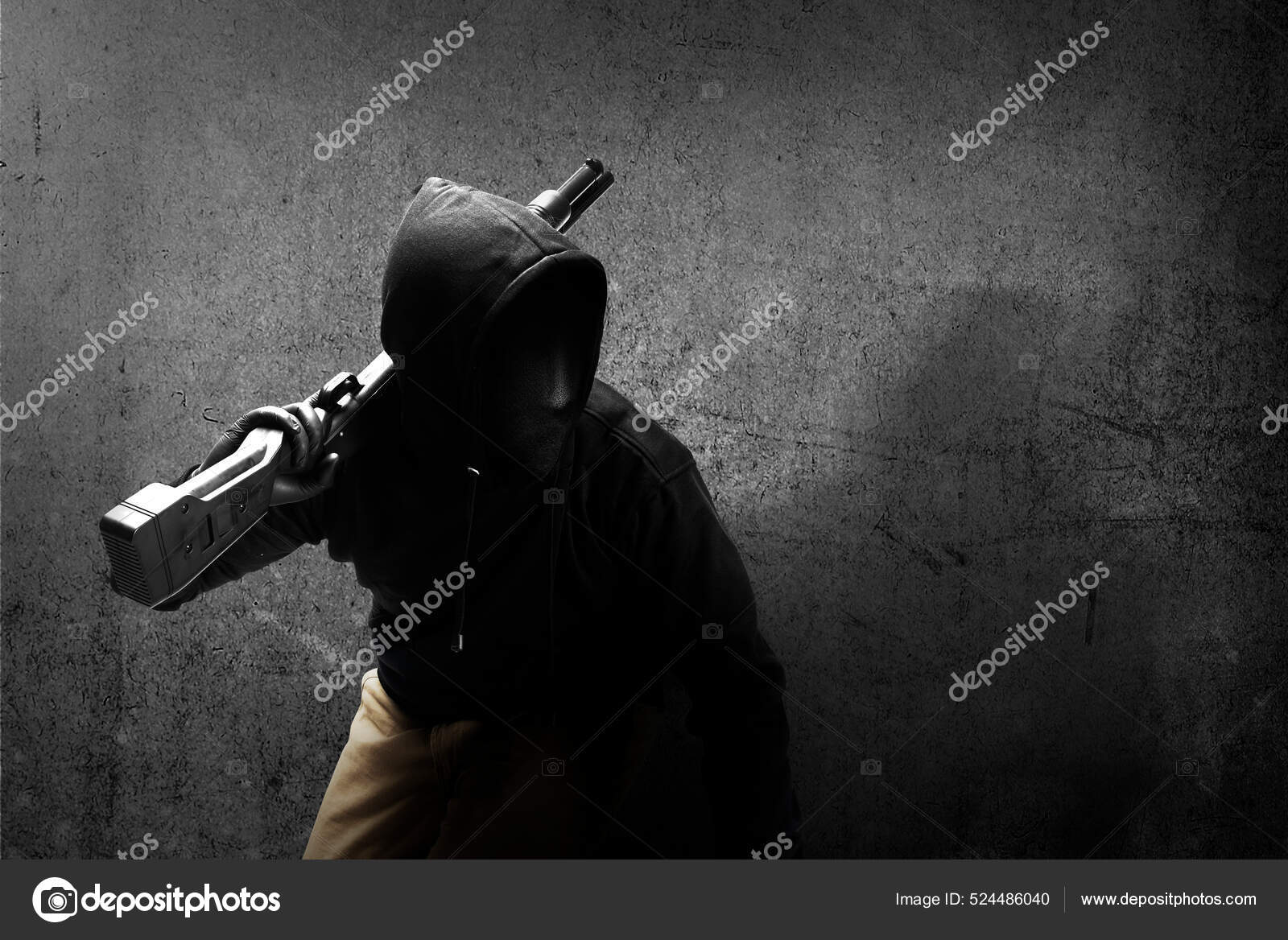 Criminal Man Hidden Mask Holding Shotgun Black Wall Background — Stock ...