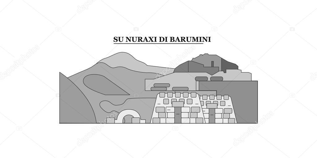 Italy, Barumini, Su Nuraxi Di Barumini city isolated skyline vector ...