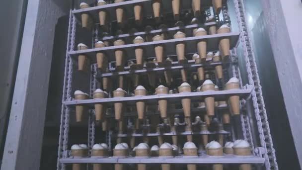 Ice cream production process. Ice cream after freezing at the factory ...