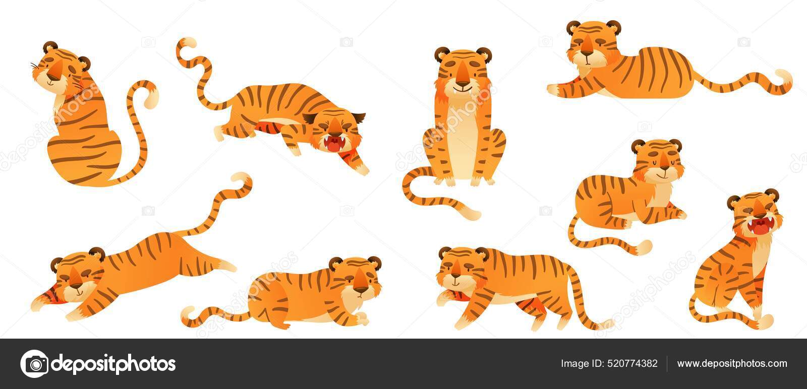 Cute tiger in various poses set. Jungle wild predator animals cartoon ...
