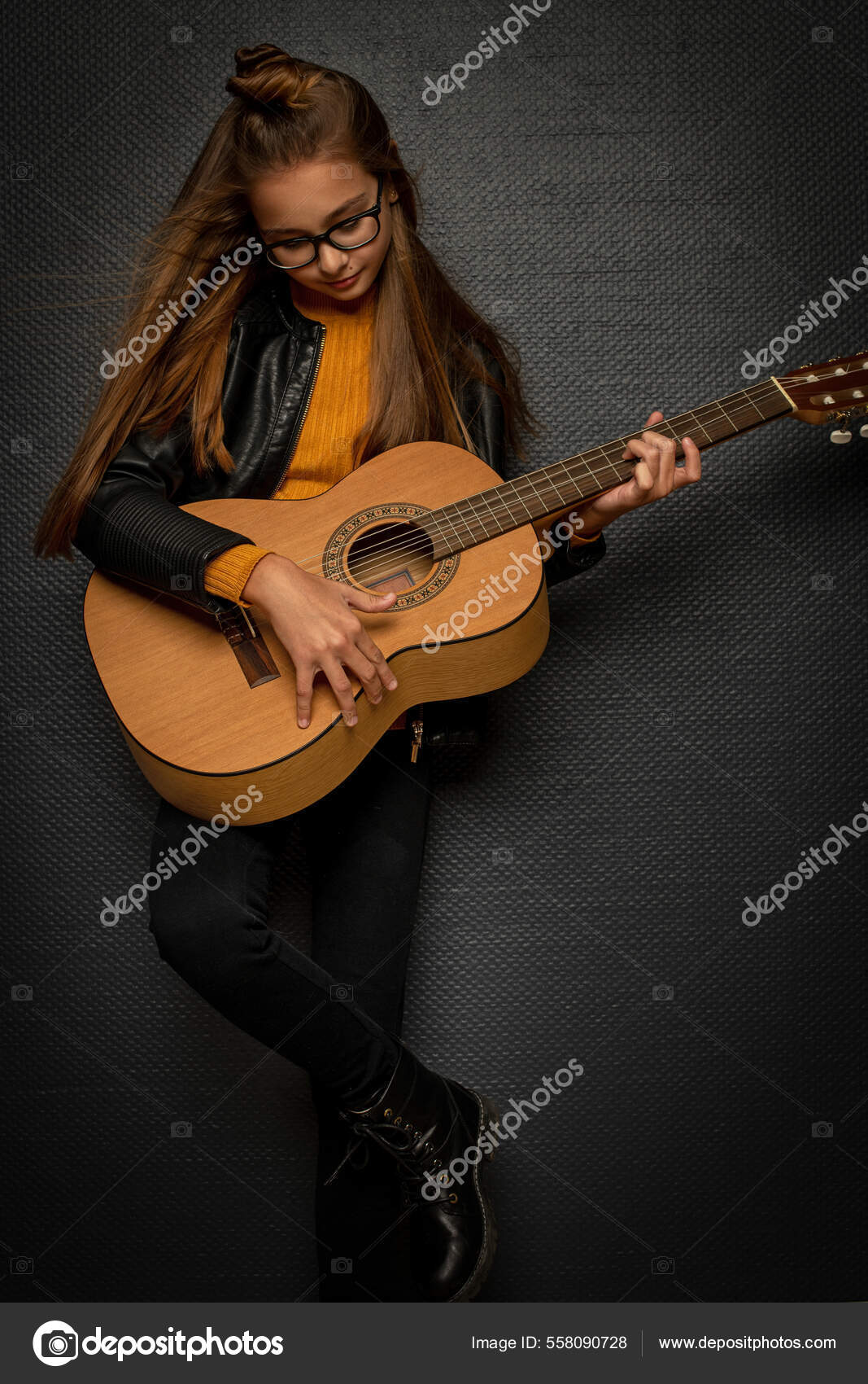 Little Blonde Girl Playing Guitar Black Background Stock Photo by ...