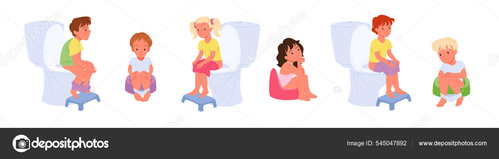 Cartoon funny kids pee or defecate in restroom, lavatory isolated on ...