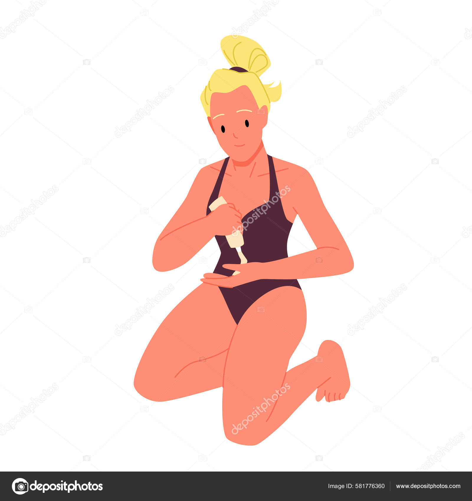 Girl Swimwear Applying Sun Cream Solar Protective Solution Summer