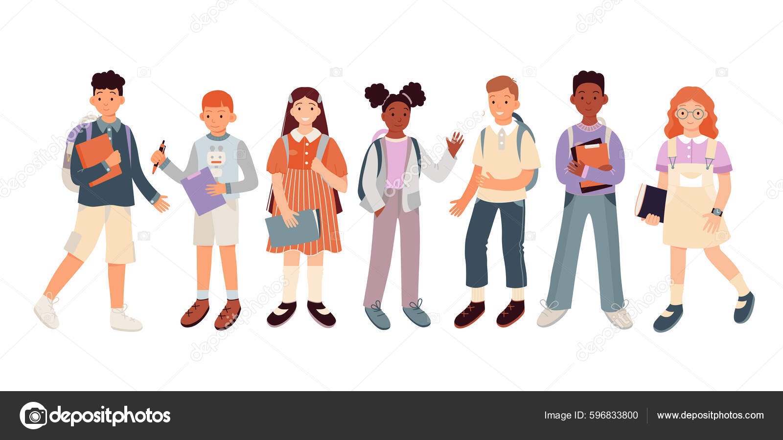 Cartoon Isolated Diverse Group Cute Children Students Primary School ...