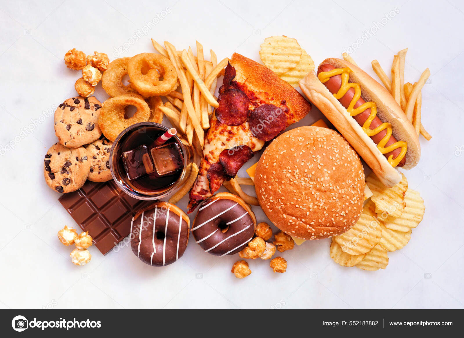 Escena Mesa Comida Chatarra Colección Dispersa Sobre Fondo Mármol ...