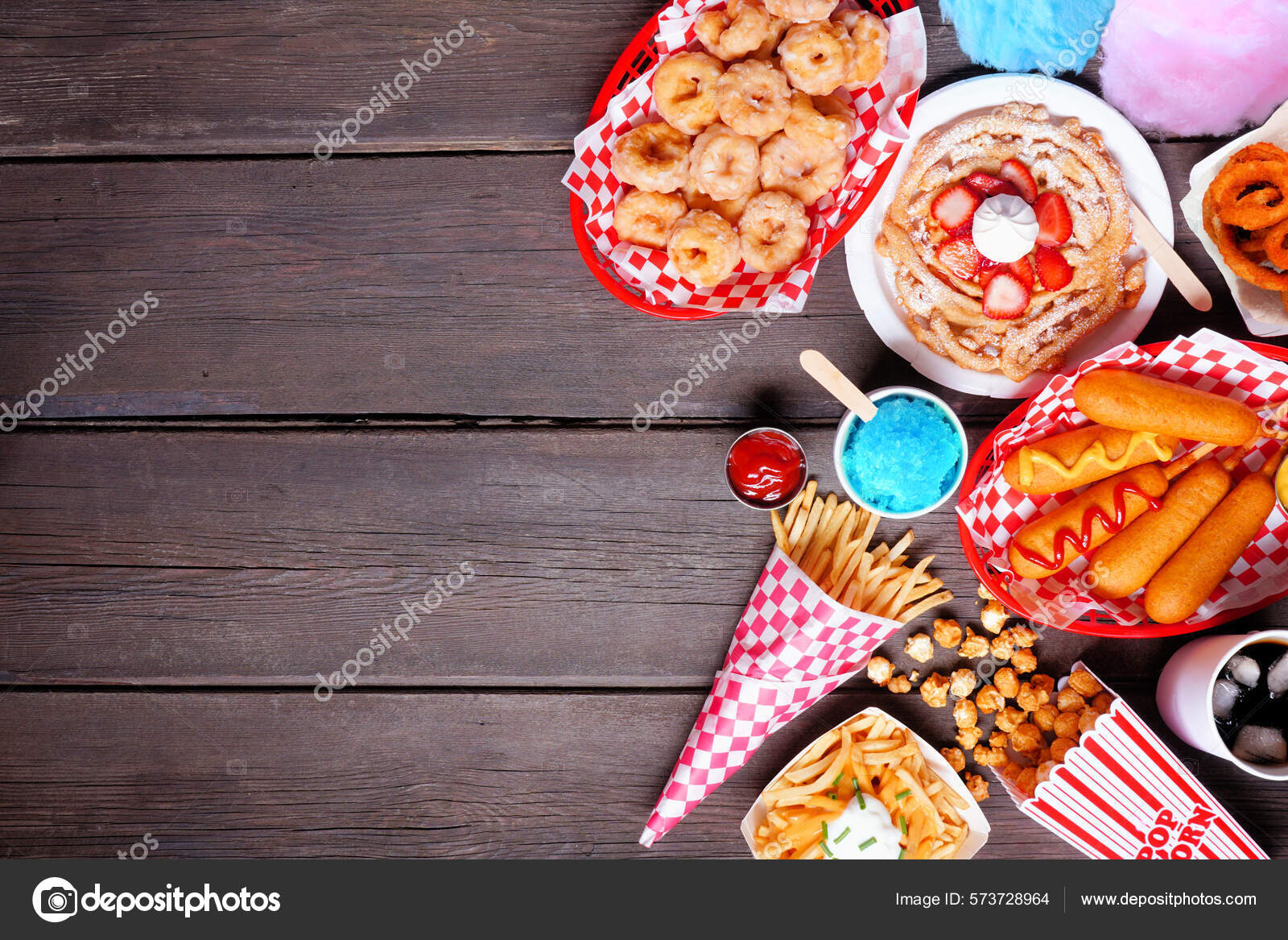 Carnival Theme Food Side Border Dark Wood Background Top View Stock ...