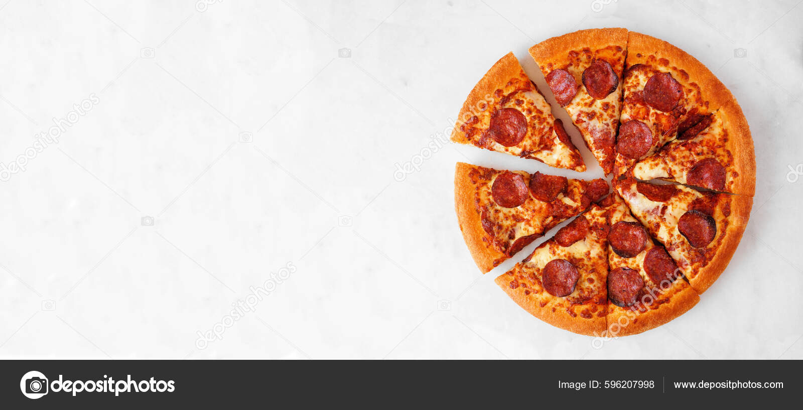 Classic Pepperoni Pizza Cut Slices Overhead View White Marble Banner ...
