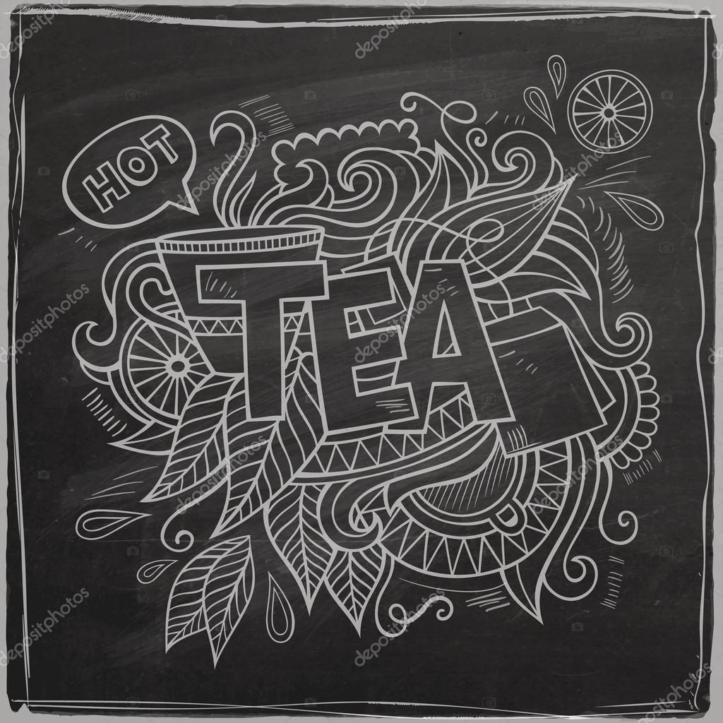 Letras de mano de té y elemento garabatos en pizarra 2023