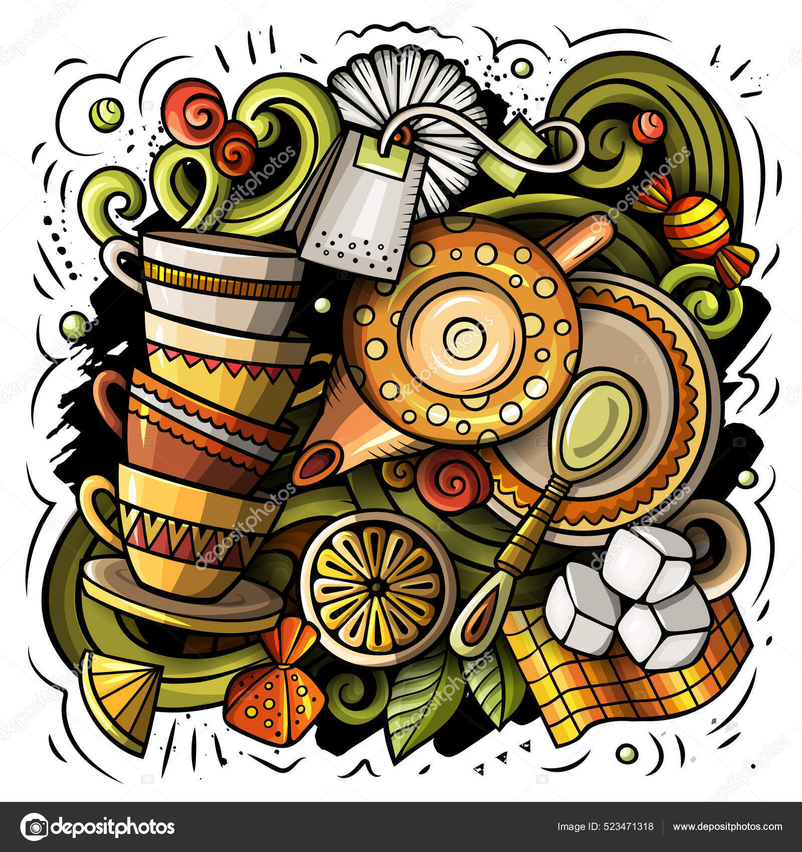 Cartoon raster doodles Tea time illustration Stock Illustration by ...