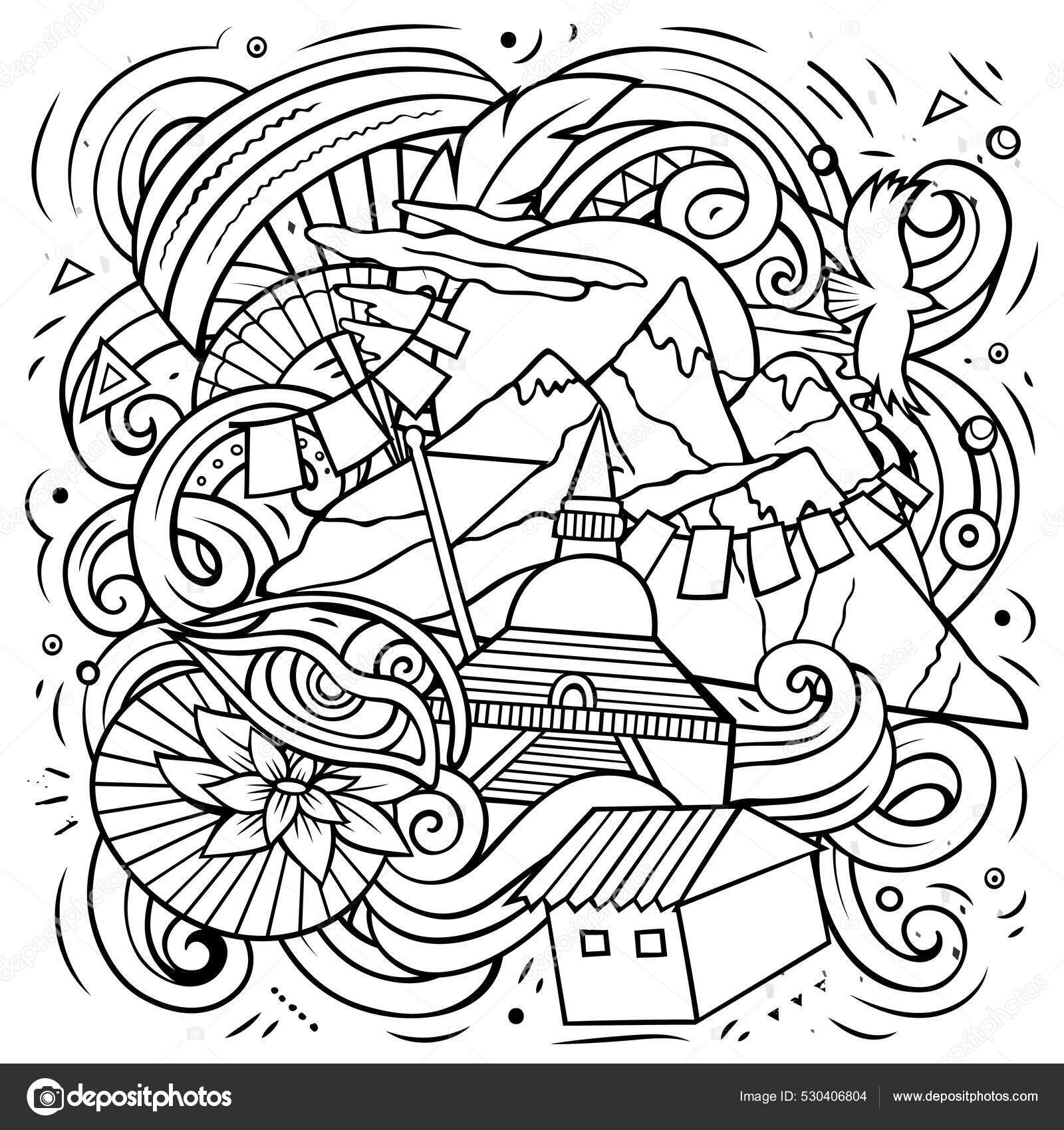 Nepal Cartoon Raster Doodle Illustration Line Art Detailed Composition ...