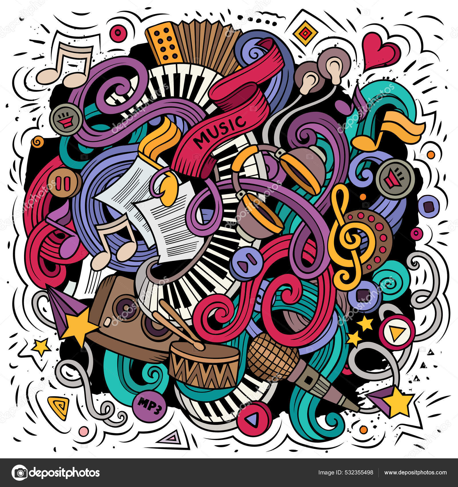 Music hand drawn raster doodles illustration. Musical poster design ...