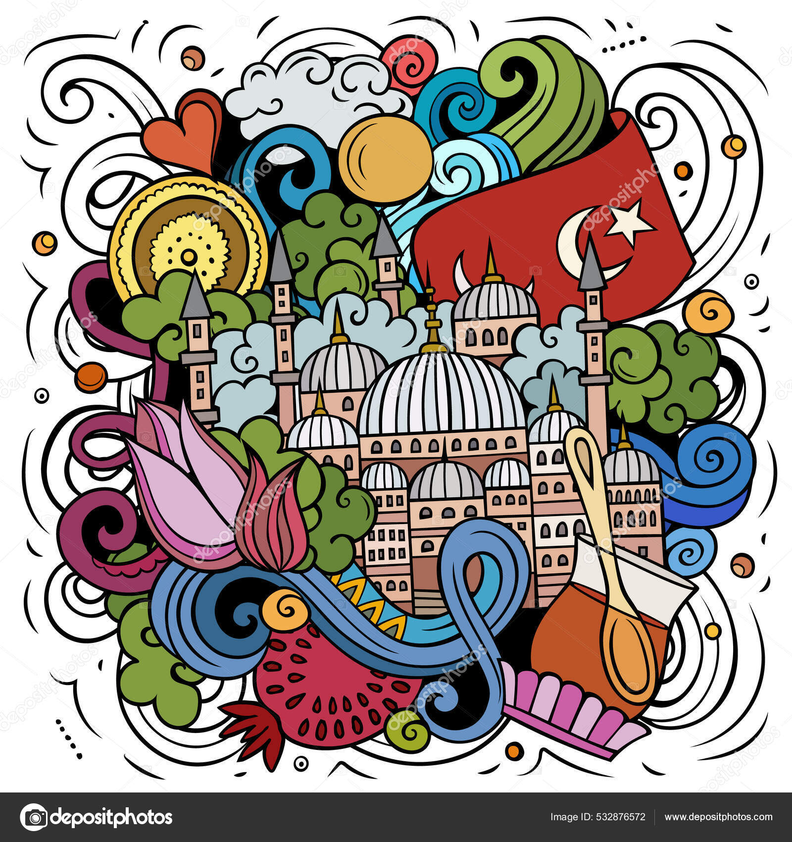 Istanbul Cartoon Raster Doodle Illustration Colorful Detailed ...