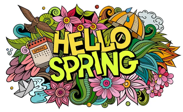 Cartoon Cute Doodles Hand Drawn Hello Spring Word Colorful Illustration ...