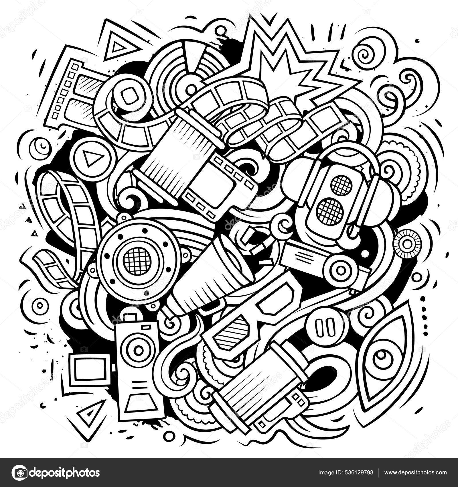 Cinema Cartoon Vector Doodle Design Line Art Detailed Composition Lot ...