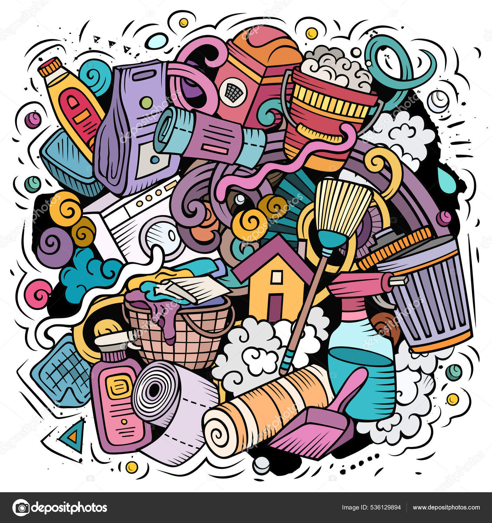 Cleaning Cartoon Vector Doodle Design Colorful Detailed Composition Lot ...