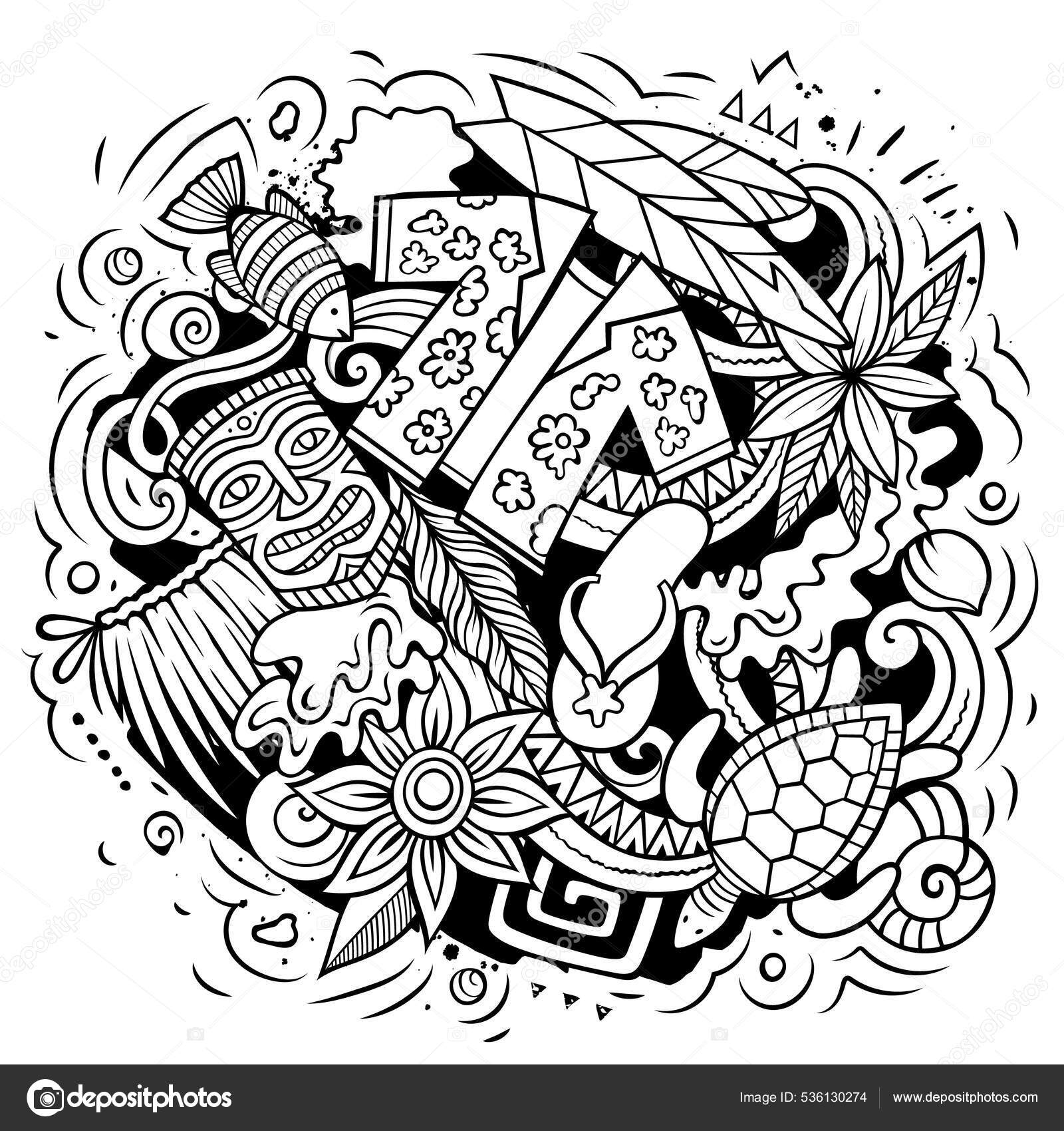 Hawaii Cartoon Vector Doodle Design Line Art Detailed Composition Lot ...