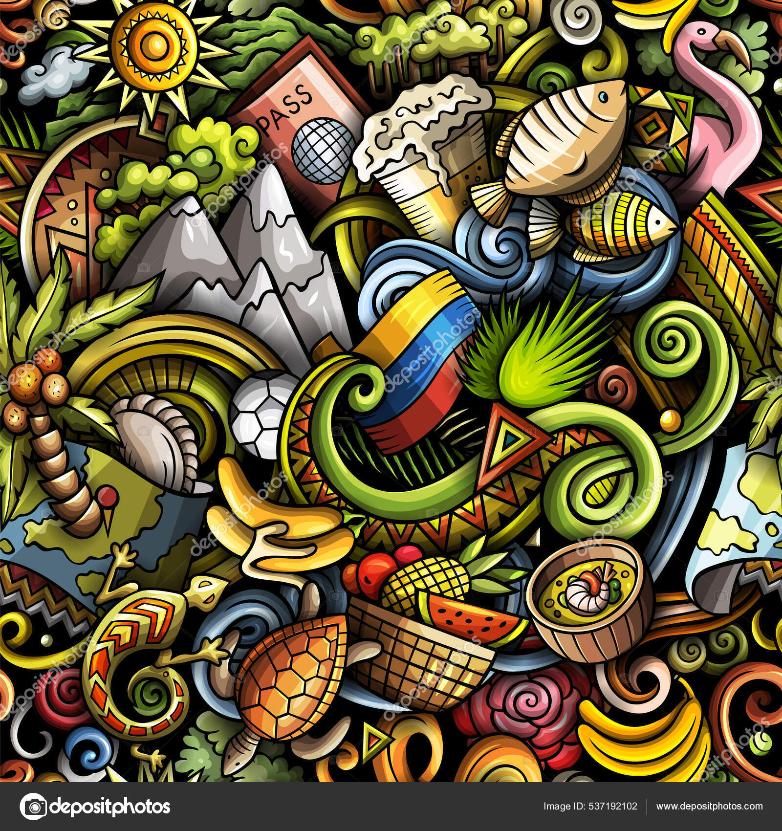 Cartoon Doodles Ecuador Seamless Pattern Backdrop Ecuadorian Culture ...