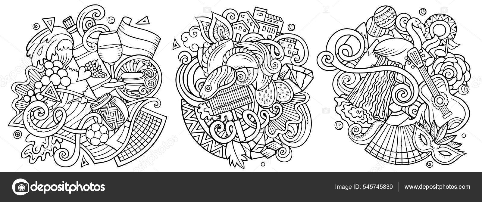 Argentina Cartoon Raster Doodle Designs Set Sketchy Detailed ...