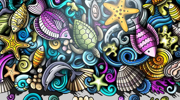 Sea life hand drawn doodle banner. Cartoon detailed flyer. Underwater ...