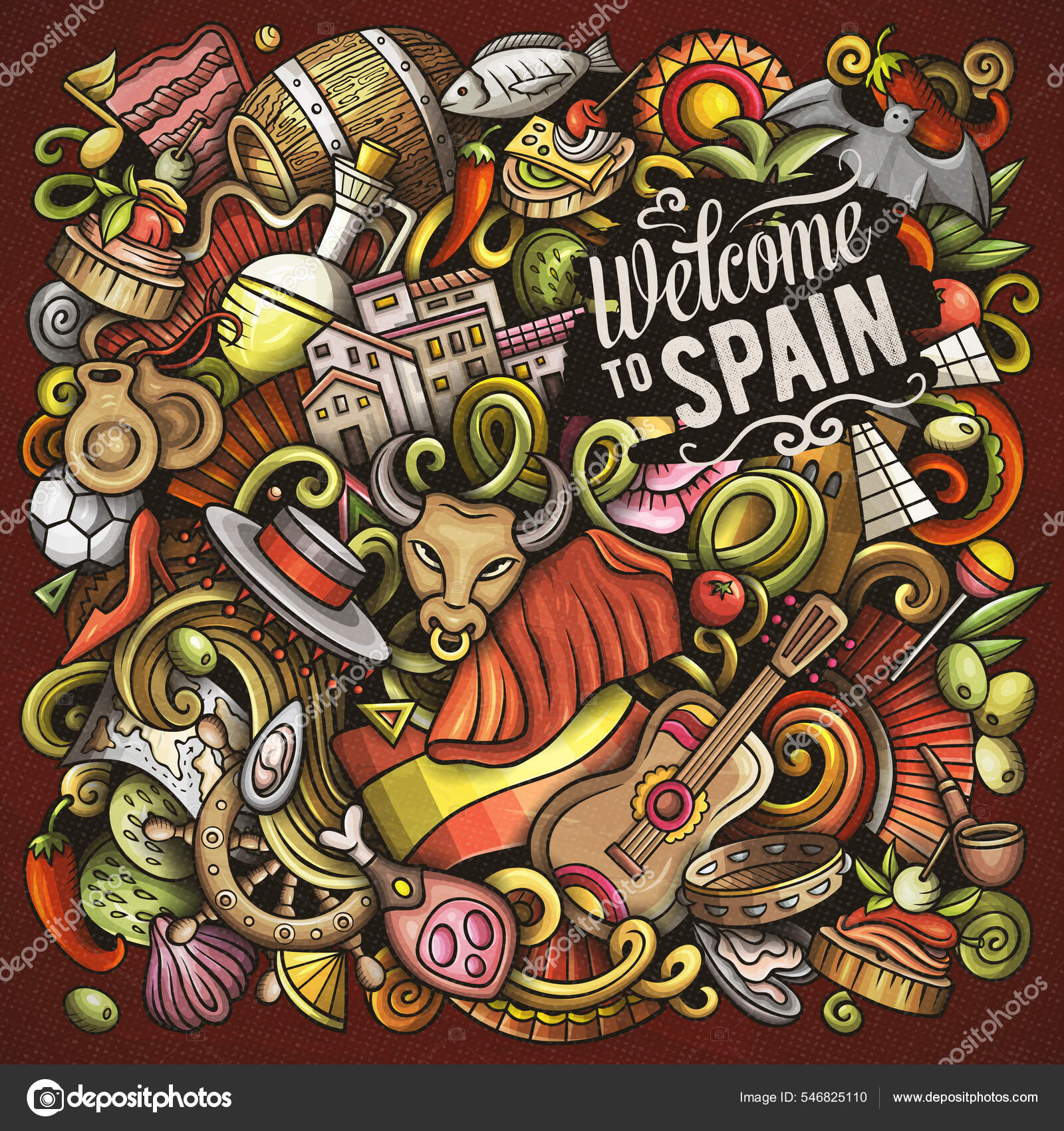 Spain Cartoon Raster Doodles Illustration Spanish Poster Design ...