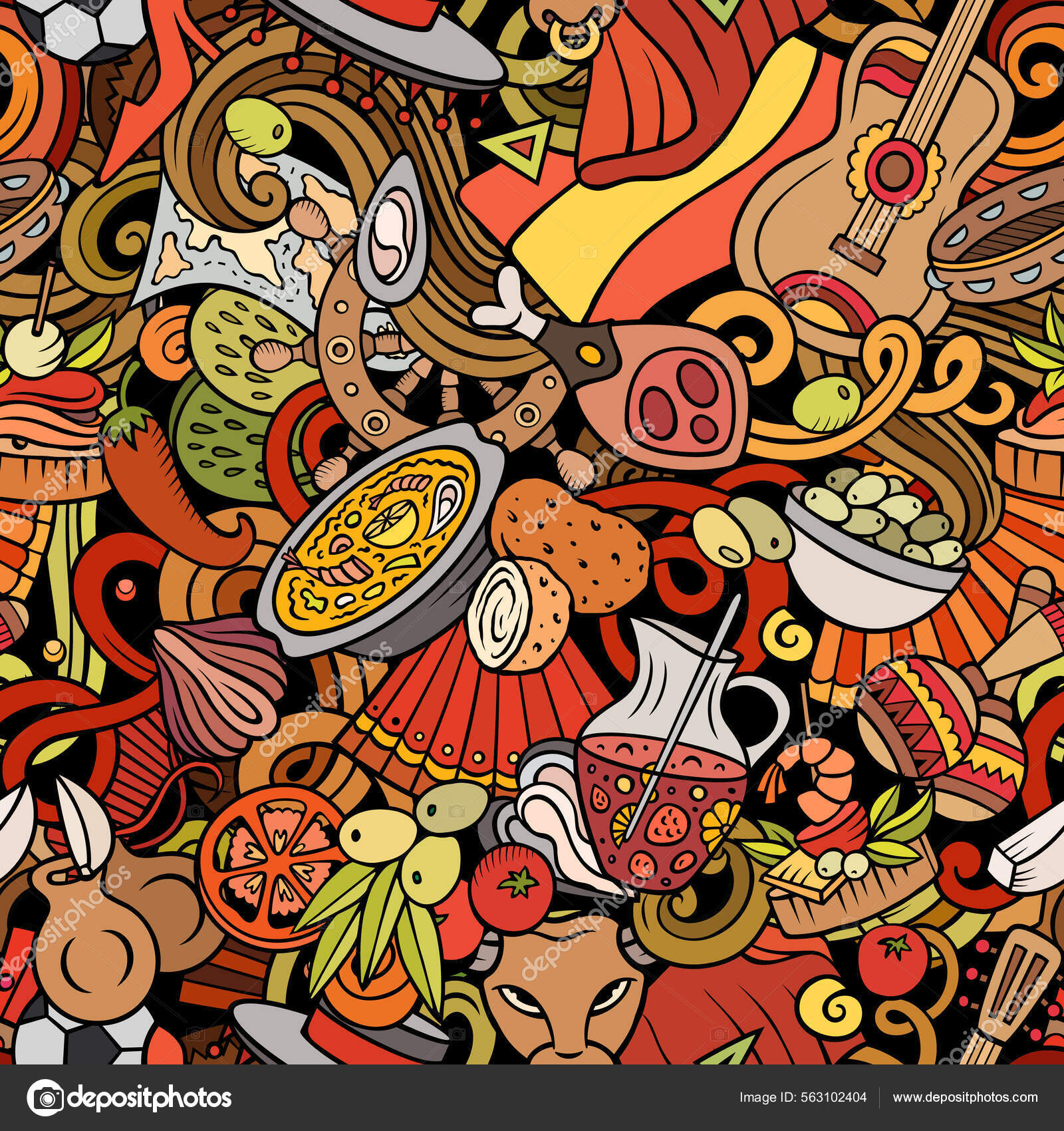 Cartoon doodles Spain seamless pattern. Backdrop with Spanish culture ...