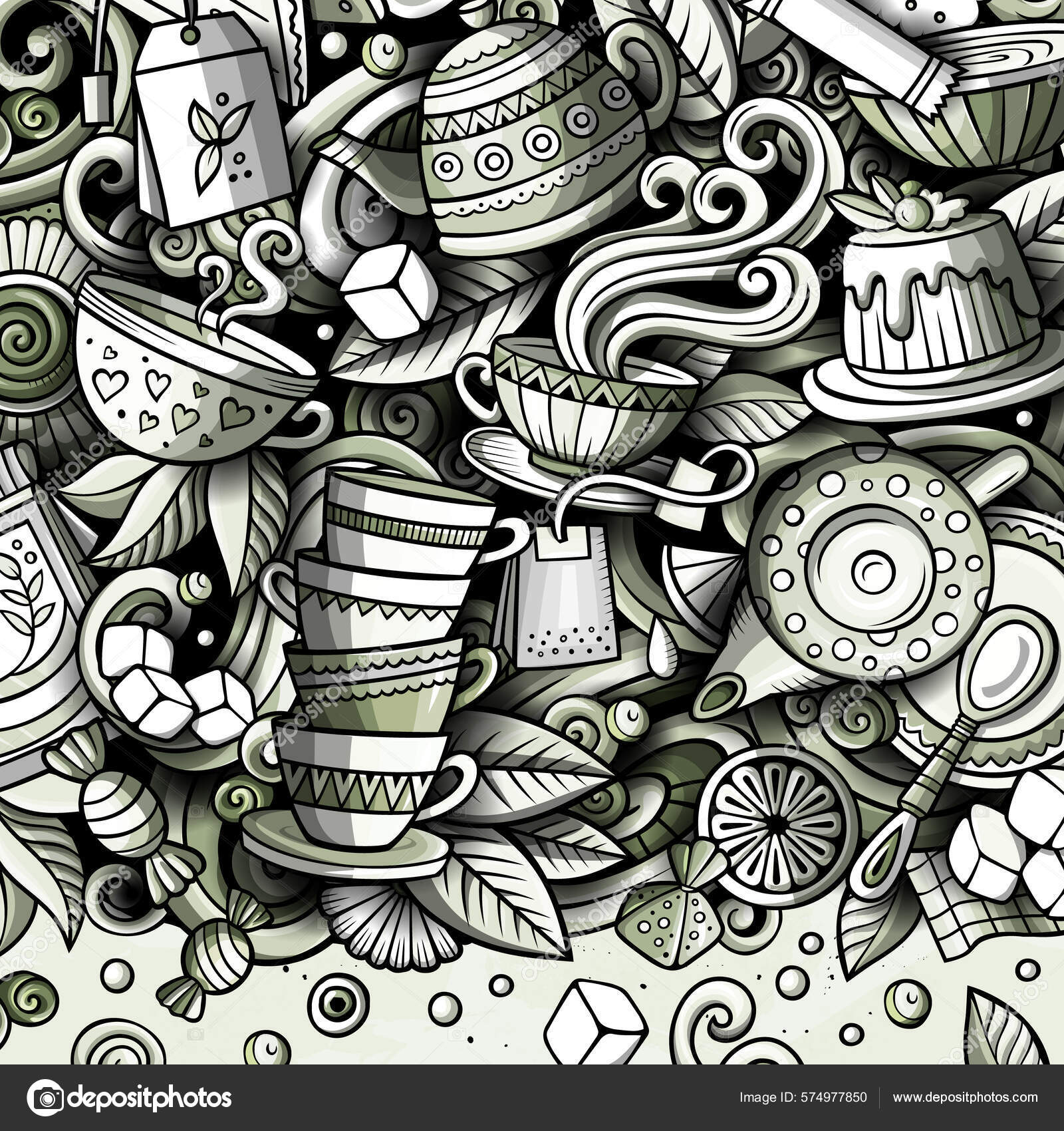Cartoon Raster Doodles Tea Time Frame Monochrome Detailed Lots Objects ...