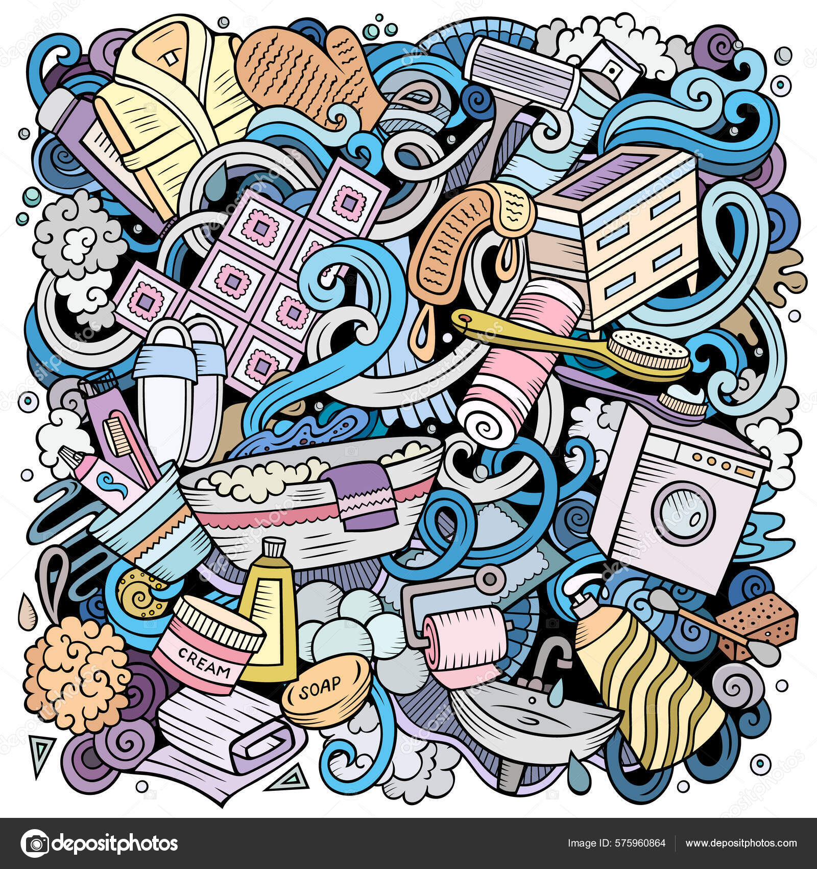 Bathroom Hand Drawn Vector Doodles Illustration Bath Room Poster Design Stock Vector by ...