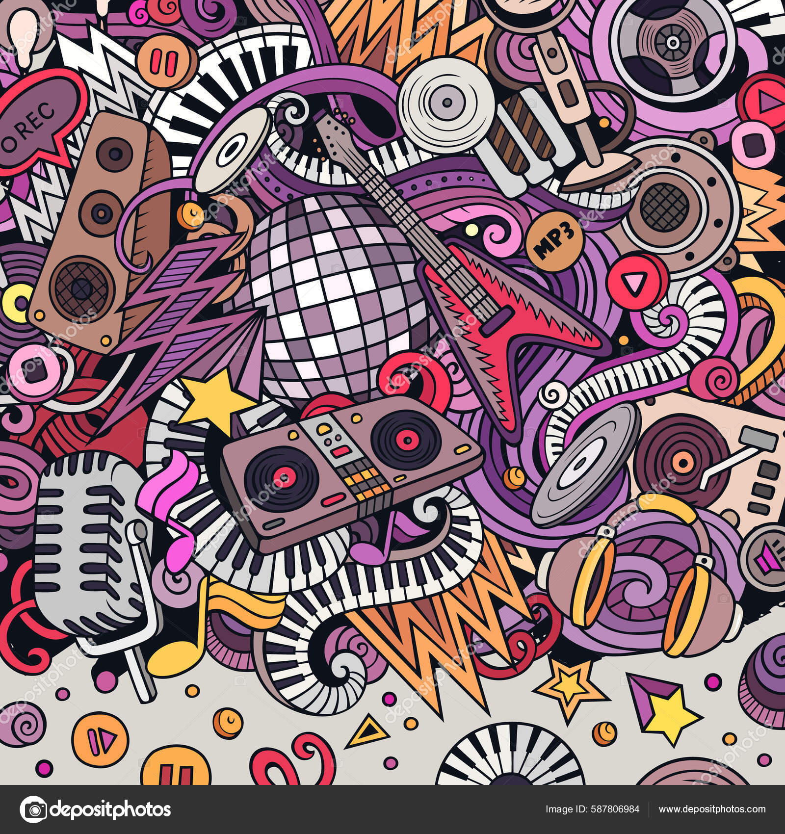 Cartoon Vector Doodles Disco Music Frame Colorful Detailed Lots Objects ...