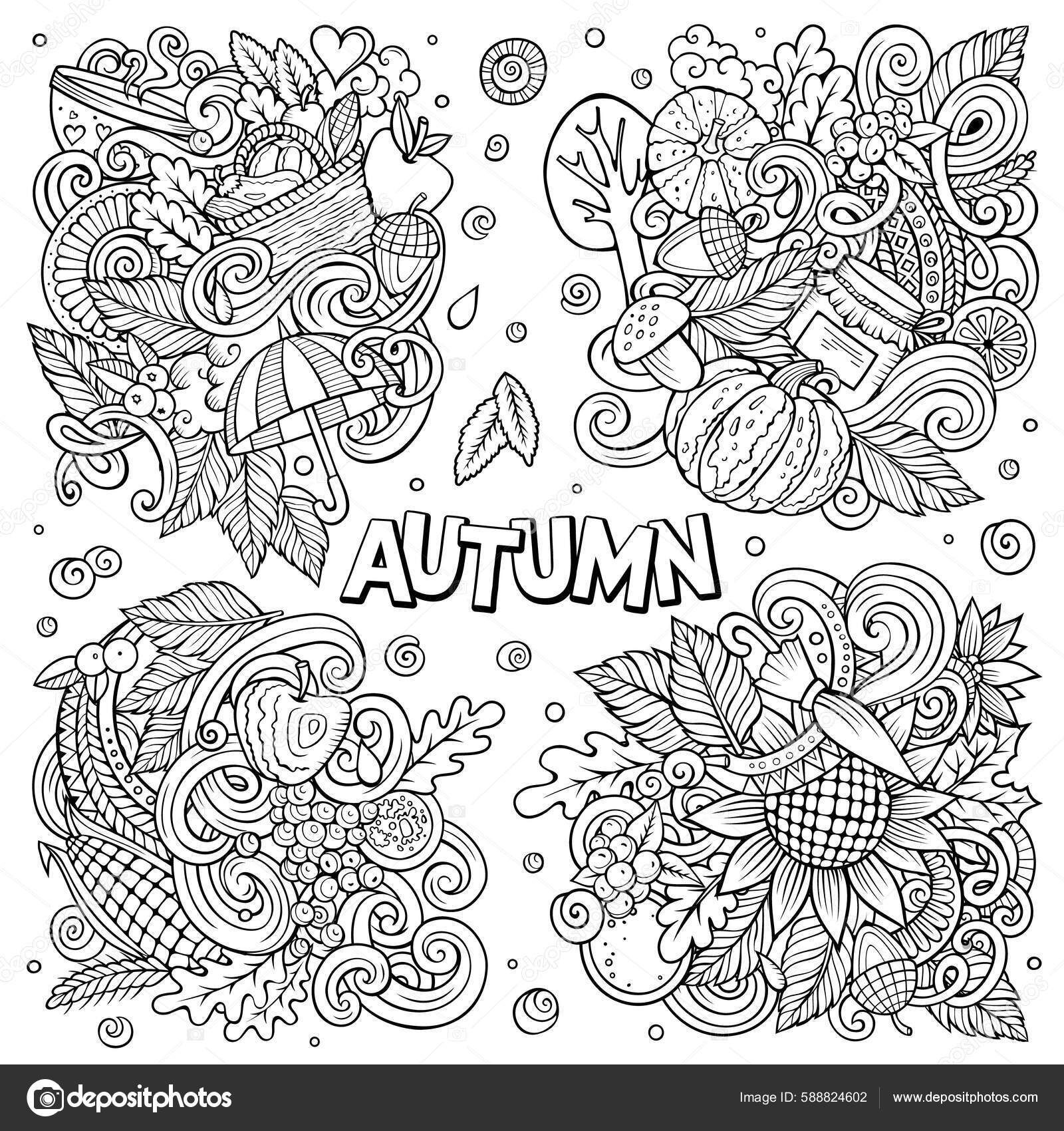 Autumn Cartoon Raster Doodle Designs Set Sketchy Detailed Compositions ...