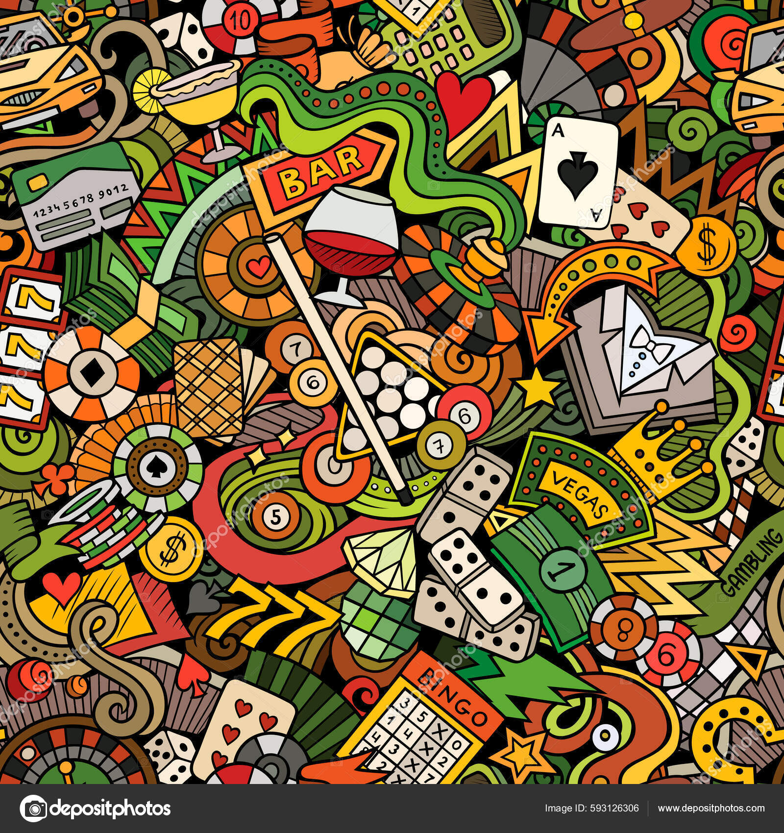 Cartoon Cute Doodles Hand Drawn Casino Seamless Pattern Colorful ...