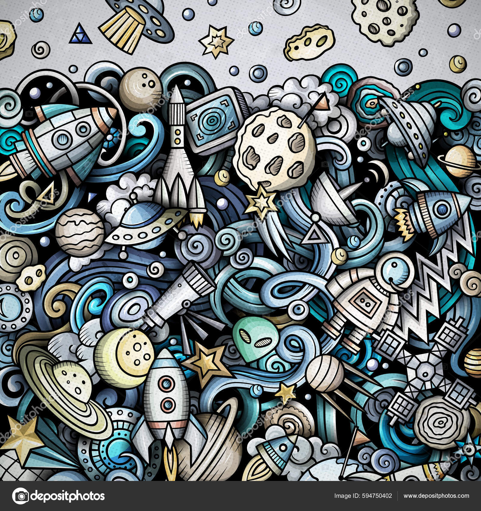 Cartoon Raster Doodles Space Frame Colorful Detailed Lots Objects ...