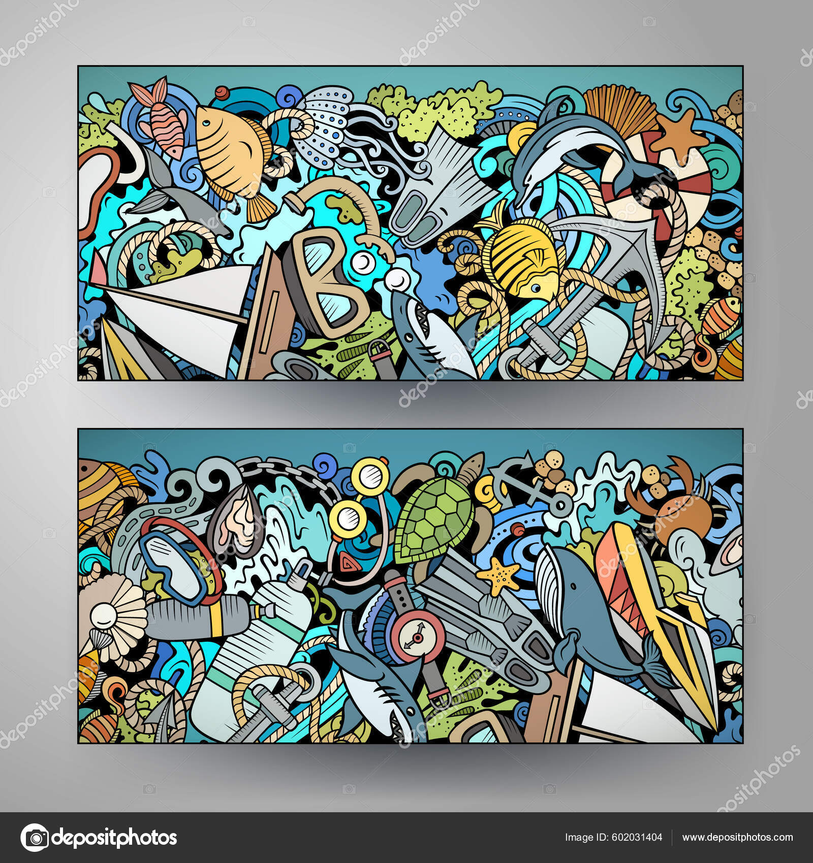 Cartoon Vector Doodle Set Diving Banners Templates Corporate Identity ...