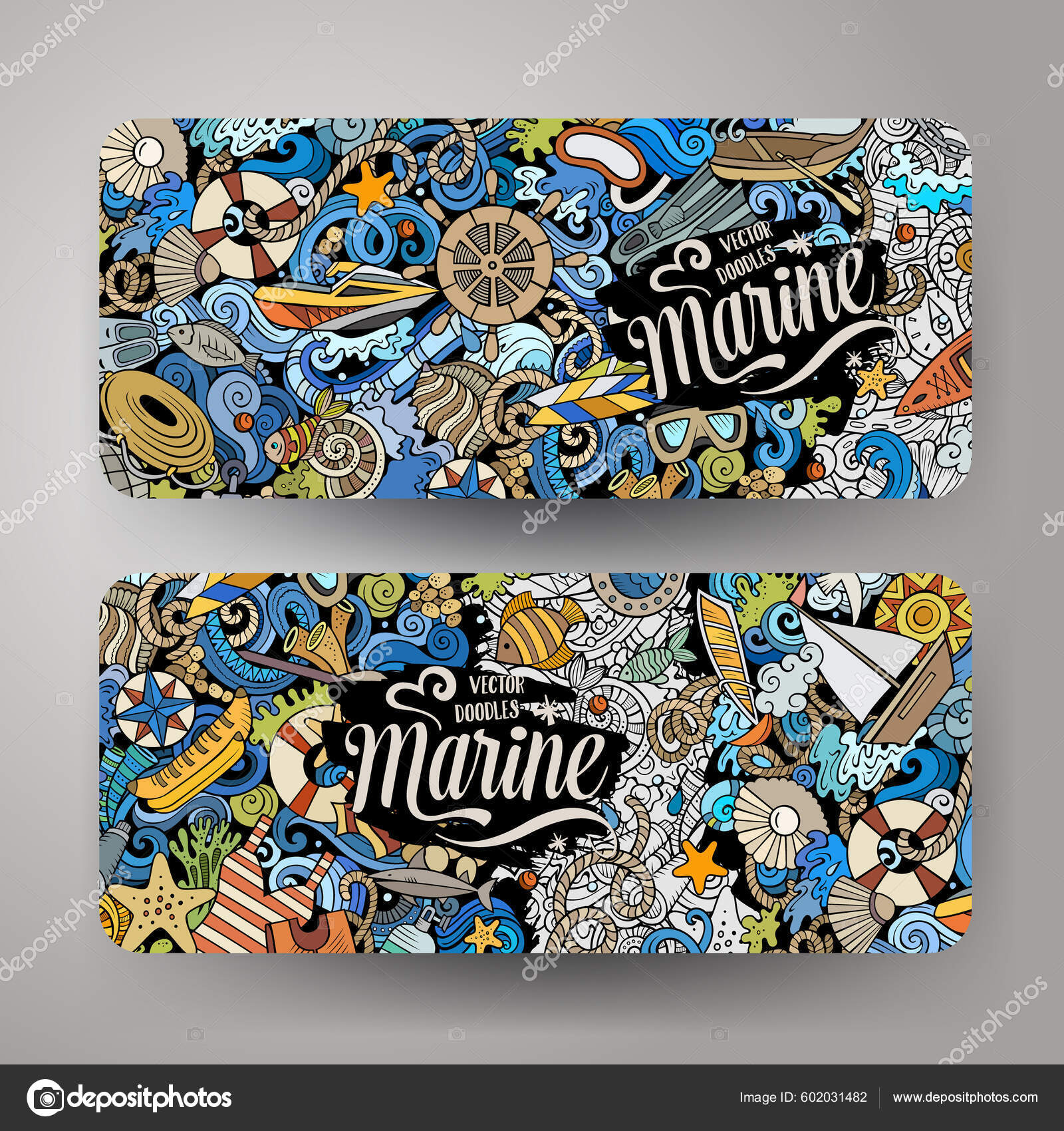 Cartoon Vector Doodle Set Marine Banners Templates Corporate Identity ...