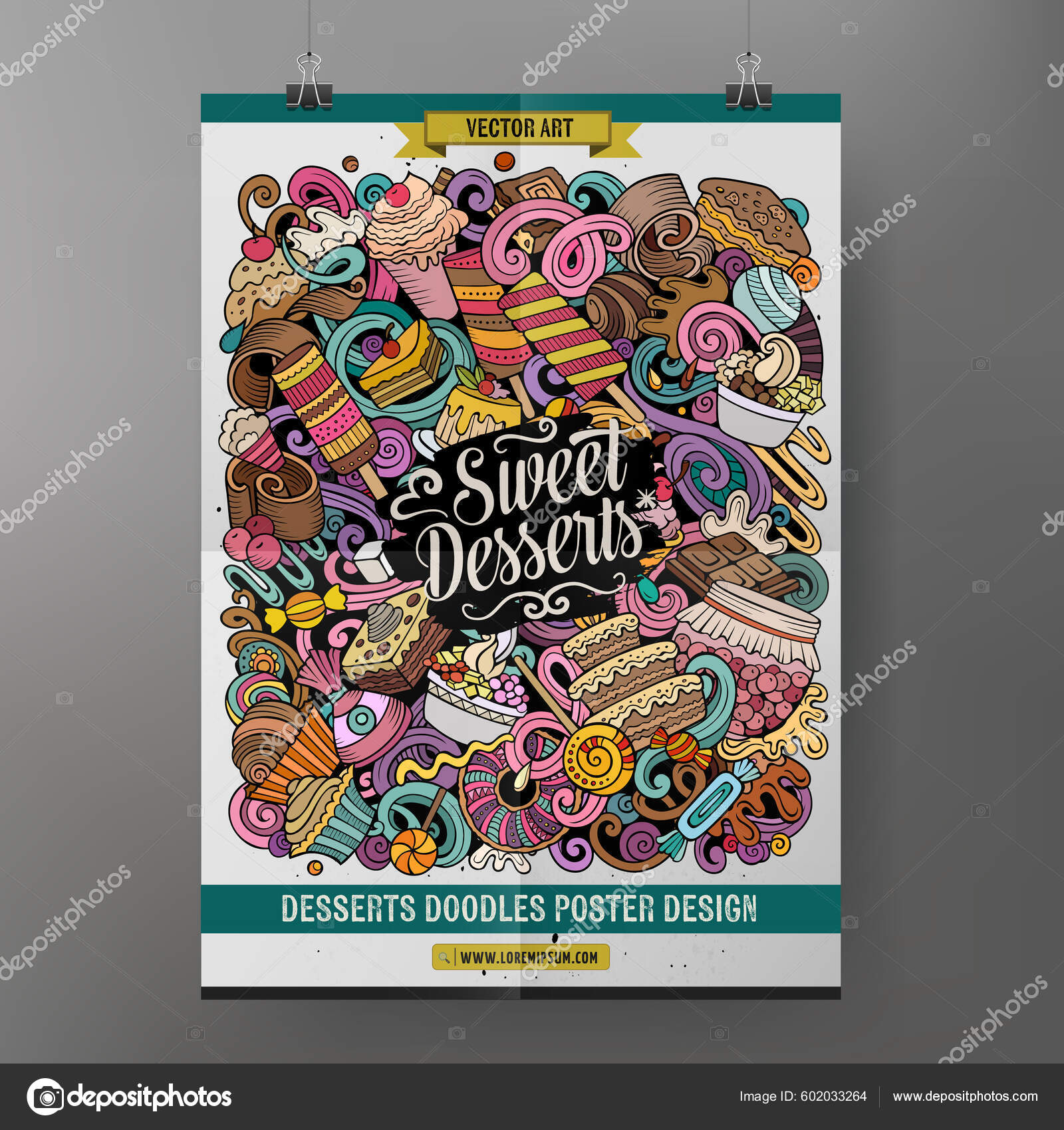 Cartoon Vector Doodle Desserts Poster Template Corporate Identity Use ...