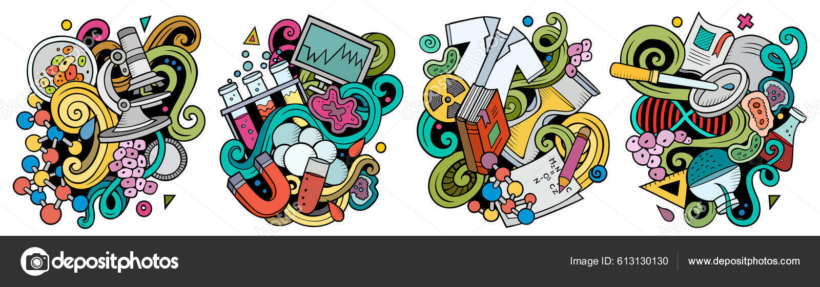 Science Cartoon Raster Doodle Designs Set Colorful Detailed ...
