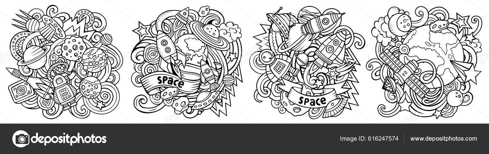 Space Cartoon Raster Doodle Designs Set Sketchy Detailed Compositions ...
