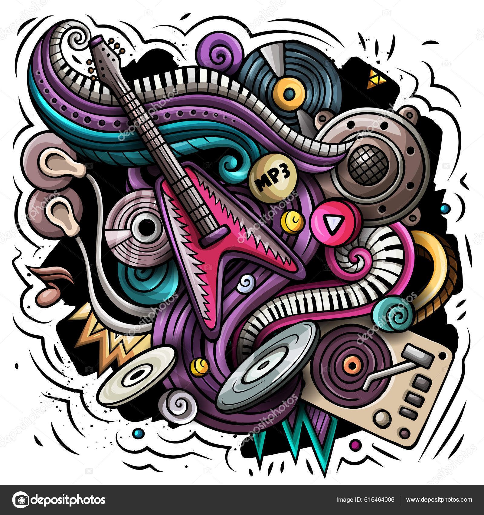 Cartoon Raster Doodles Disco Music Illustration Colorful Detailed Lots ...
