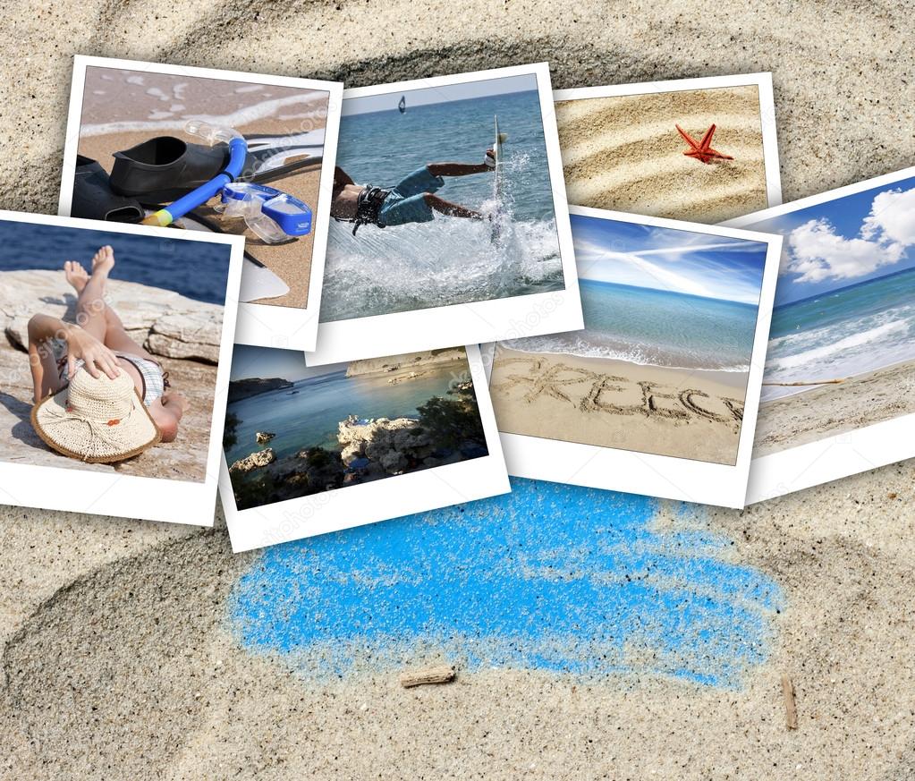 A collage of pictures of many beach items and scenes — Stock Photo ...