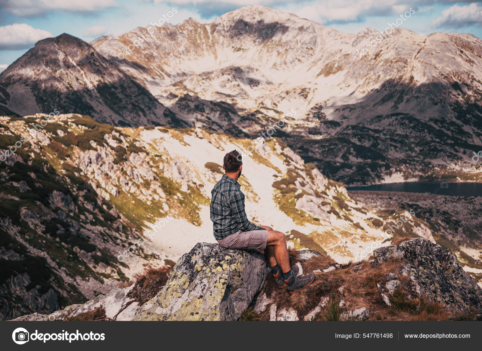 Handsome Man Sitting Mountain Top Amazing Summer Landscape Stock Photo ...