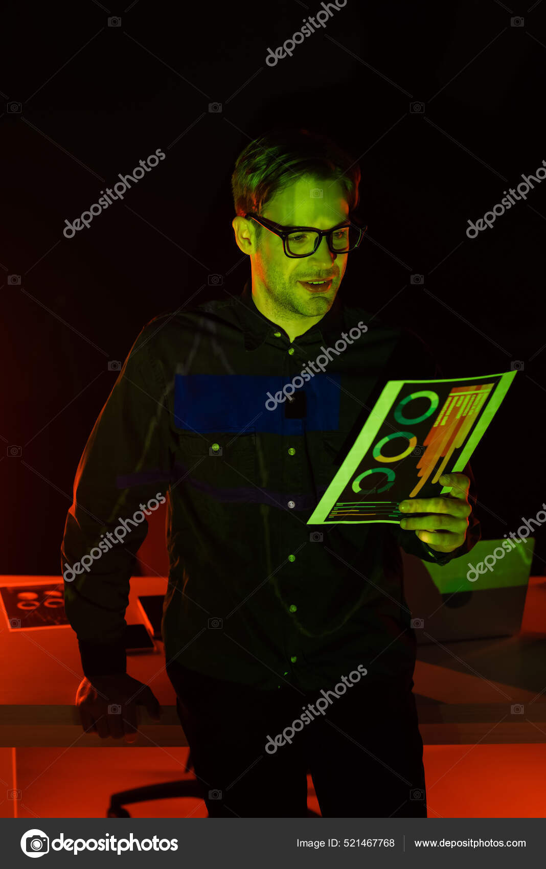 Smiling Programmer Holding Document Charts Laptop Reflection Black ...